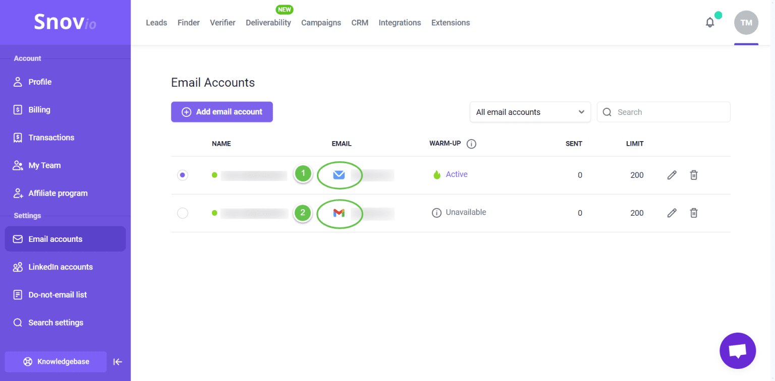 Snov.io - How to change email connection to SMTP type