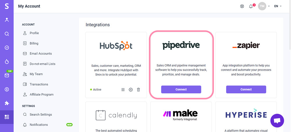 Snov.io - How to connect Snov.io x Pipedrive integration