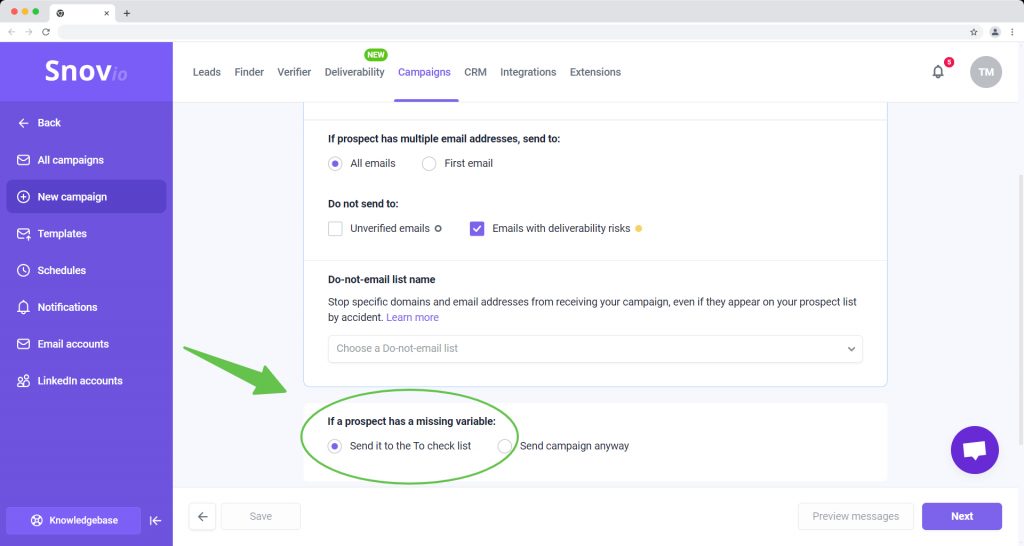 Snov.io - How to use a fallback text in email variables