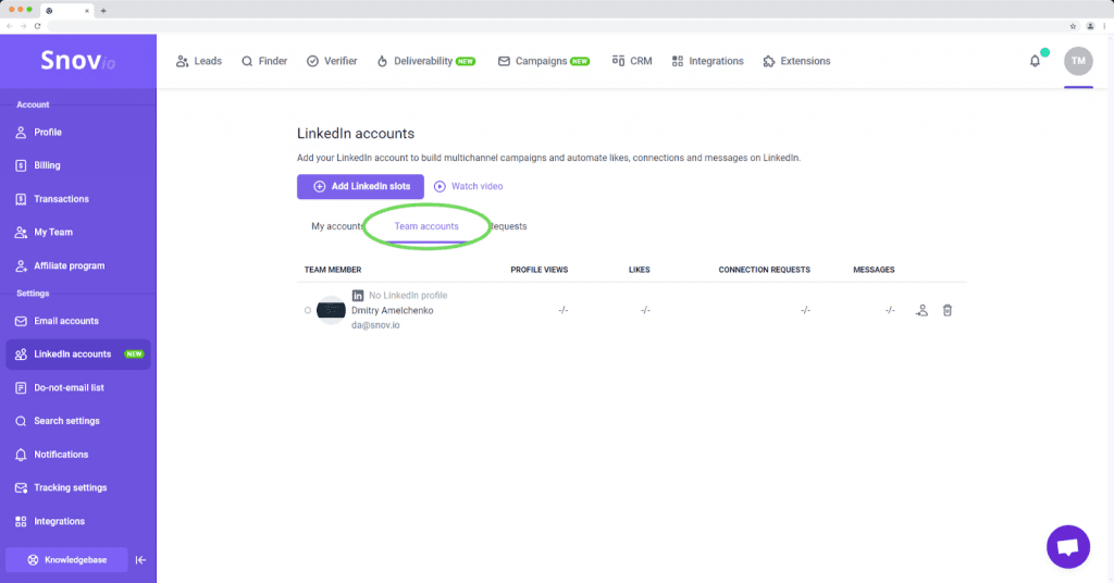 Snov.io - How to use LinkedIn Automation in Team