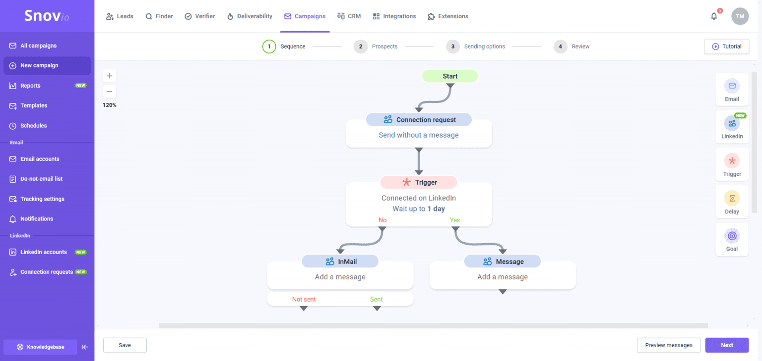 Snov.io - How to use InMail messages in your sequence