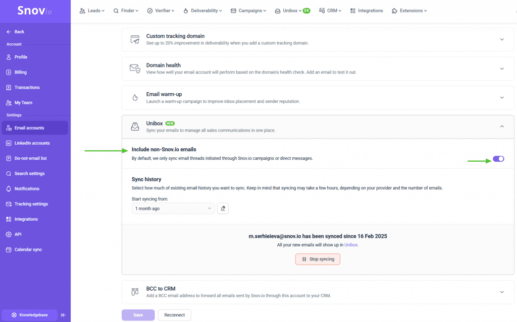 Snov.io - How to set up Unibox and sync your emails