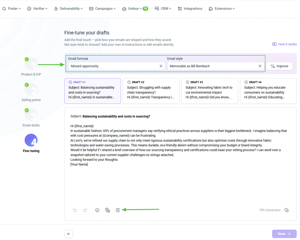 Snov.io - How to customize your email drafts in AI Studio